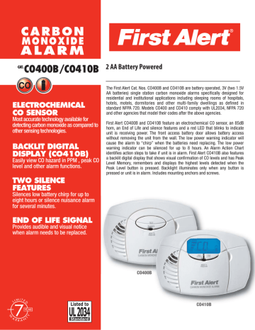 First Alert Carbon Monoxide Alarm CO400 CO400B, CO410 CO410B Datasheet ...