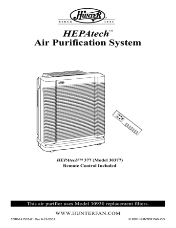 Hunter 30377 Air Cleaner Owner's Manual | Manualzz