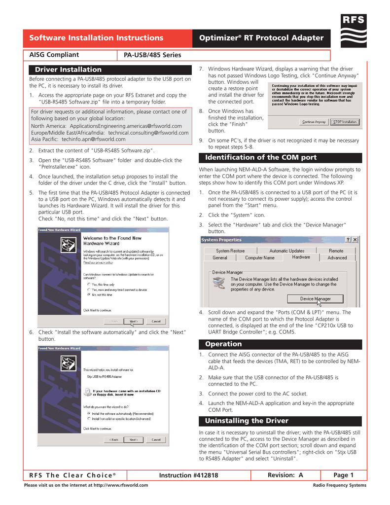 Software Installation Instructions Optimizer® RT Protocol Adapter ...