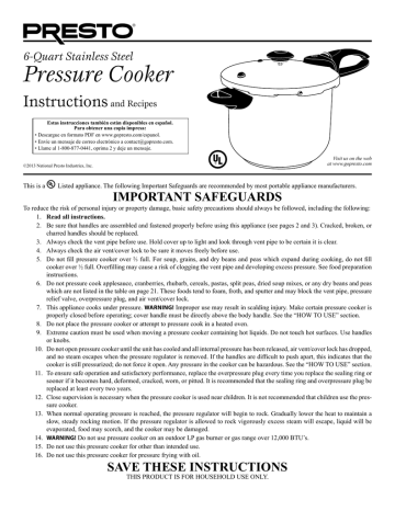 Presto 6-Quart Stainless Steel Pressure Cooker Instructions | Manualzz