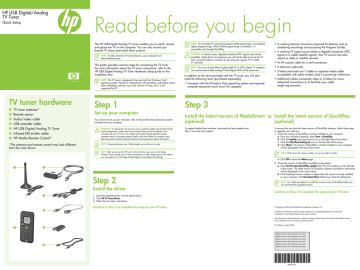 HP USB Digital/Analog TV Tuner Quick Setup | Manualzz