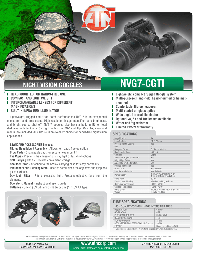 ATN NVG7-CGTI Specification Sheet | Manualzz
