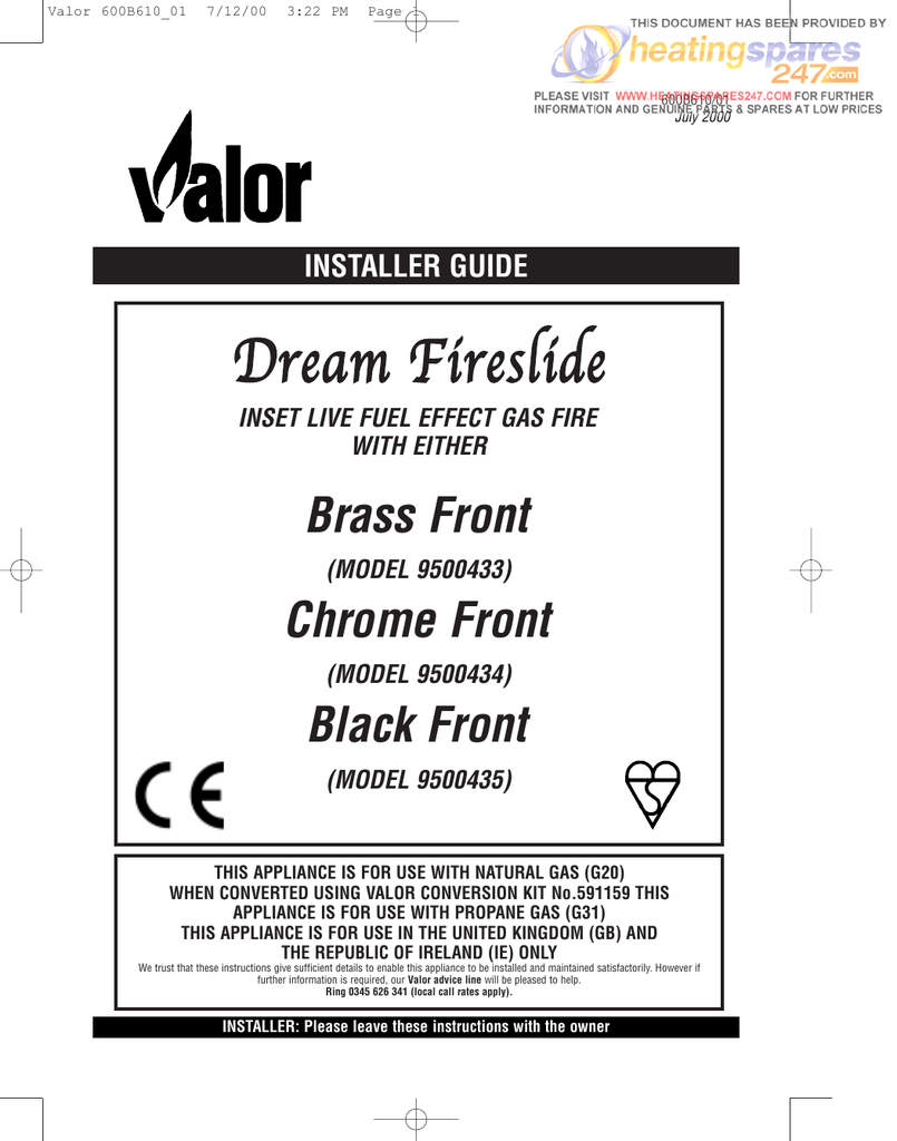 Valor Dream Fireslid 9500433 Installer's Manual | Manualzz