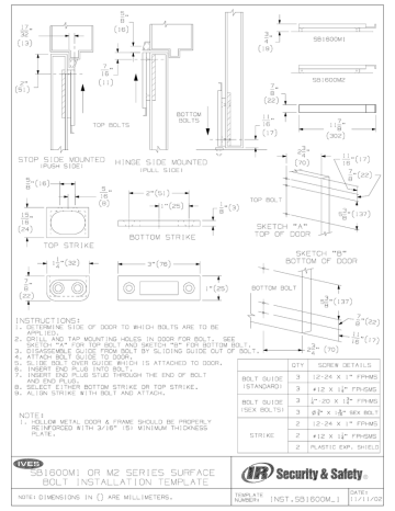 Ives SB1600M1 or M2 Series Surface Bolt Template | Manualzz