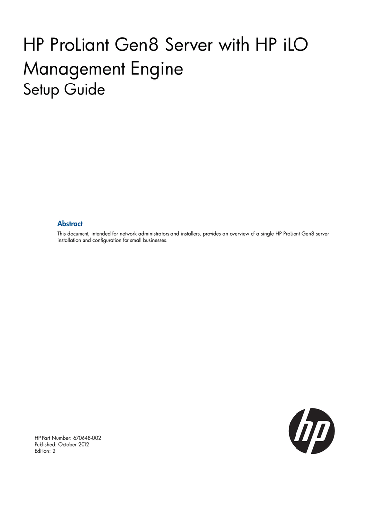 HP ProLiant Gen8 Server with HP iLO Management Engine | Manualzz