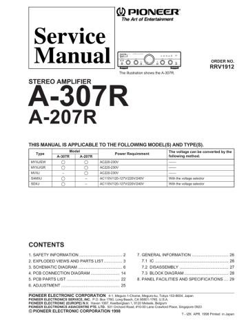 Pioneer A-307R, A-207R Stereo Amplifier Service Manual | Manualzz