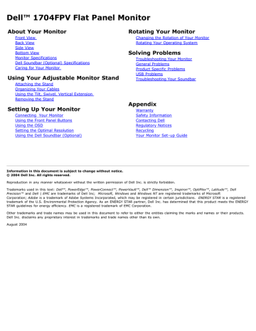 Dell 1704FPV Flat Panel Monitor User Manual | Manualzz