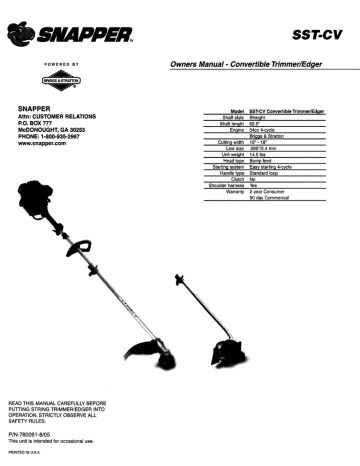 SNAPPER Convertible Trimmer/Edger SST-CV Convertible Trimmer/Edger ...