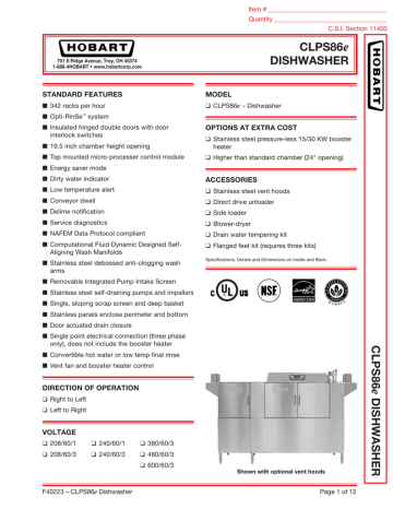 HOBART CLPS86e Dishwasher Spec Sheet | Manualzz