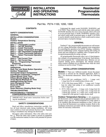 TOTALINE P274-1200, P274-1300 Installation And Operating Instructions ...