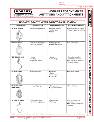 HOBART Legacy Mixer Attachments and Agitators Spec Sheet | Manualzz