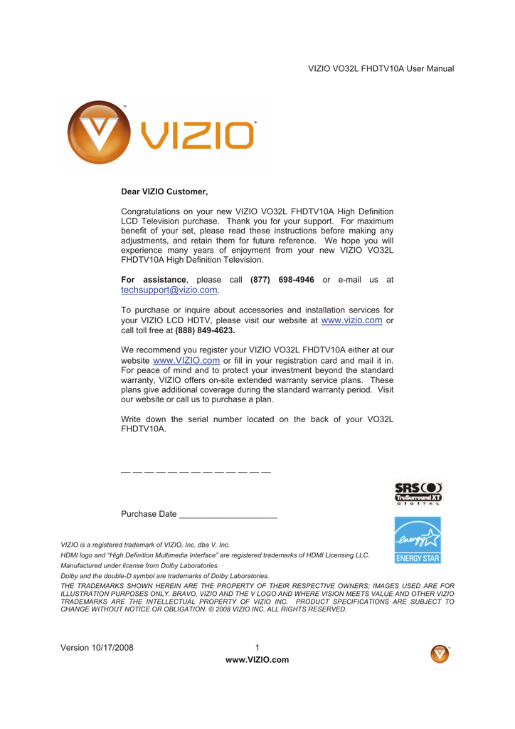 Vizio VO32L FHDTV10A User manual | Manualzz