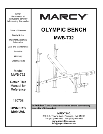 MARCY Olympic Bench MWB-732 Owner's Manual | Manualzz