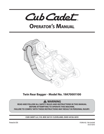 Cub Cadet Twin Rear Bagger 19A70001100 Operator's Manual | Manualzz