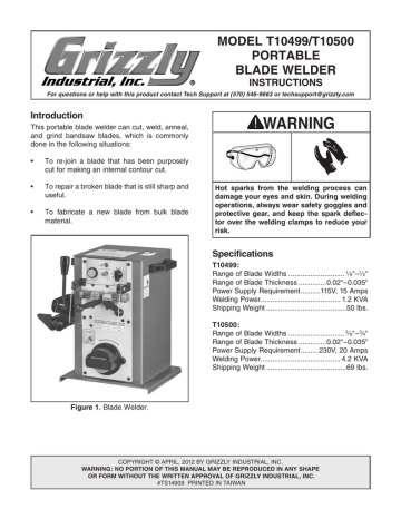 Grizzly T10499 Blade Welder 1.2 KVA 1/8-1/2" Owner Manual | Manualzz