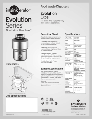 InSinkErator EXCEL InSinkErator Excel Spec Sheet | Manualzz