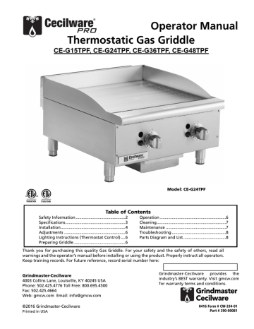 Cecilware-Pro Thermostatic Gas Griddle Operator Manual | Manualzz