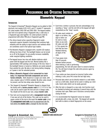 Sargent & Greenleaf Biometric Keypad 6120, 6123, Z02 Programming and ...
