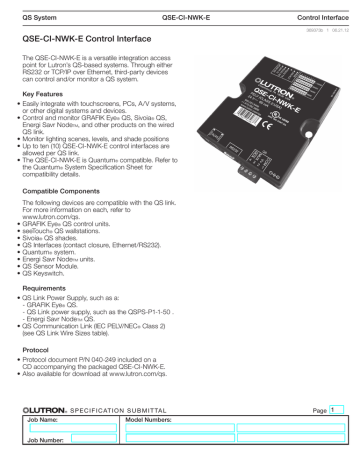 Lutron Control Interface QSE-CI-NWK E Specification | Manualzz