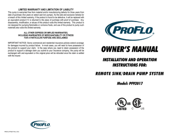 PROFLO Remote Sink/Drain Pump System PF92017 Owner's Manual | Manualzz