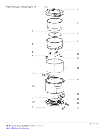 Buffalo J300 Commercial Rice Cooker 6Ltr Exploded diagram | Manualzz