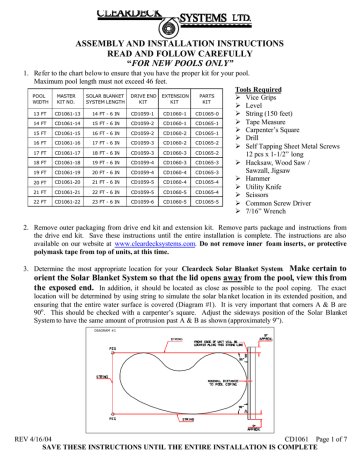 Cleardeck Systems Solar Blanket System Installation Instructions | Manualzz
