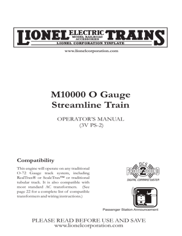 Streamline Train M10000 O Gauge Operator's Manual | Manualzz