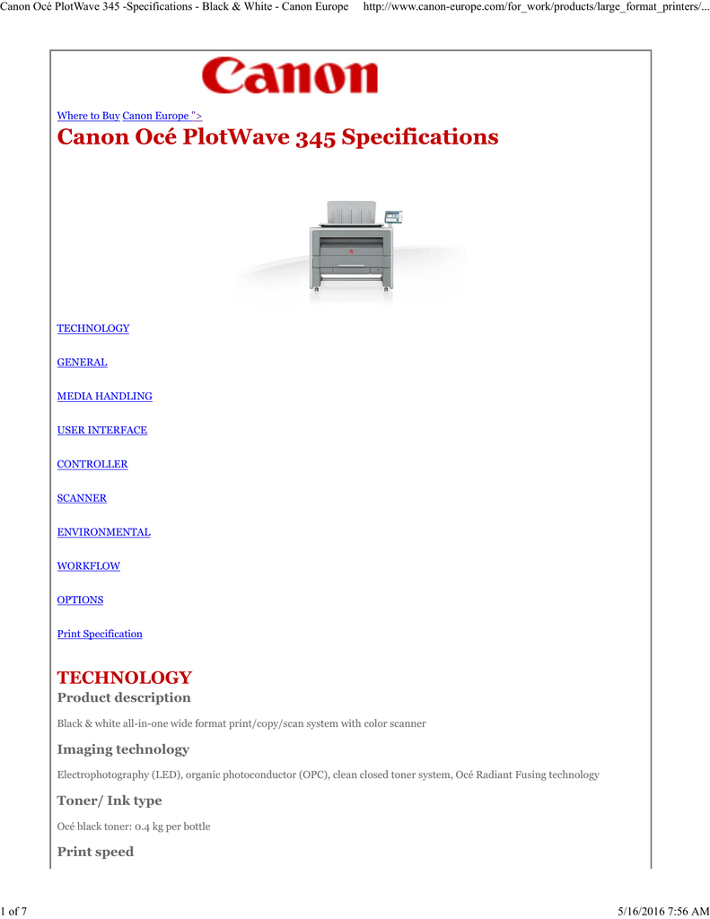 Canon Océ PlotWave 345 -Specifications | Manualzz