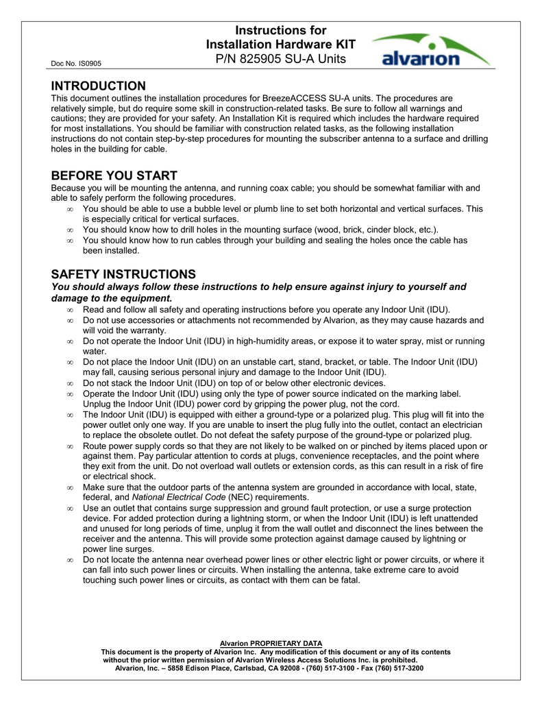 Alvarion Instructions for SU-A Installation Kit | Manualzz
