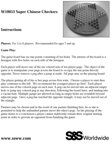 Super Chinese Checkers W10053 Instructions | Manualzz