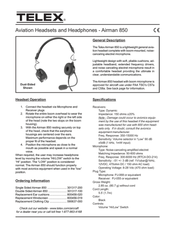 Telex Airman 850 Aviation Headsets Data Sheet | Manualzz