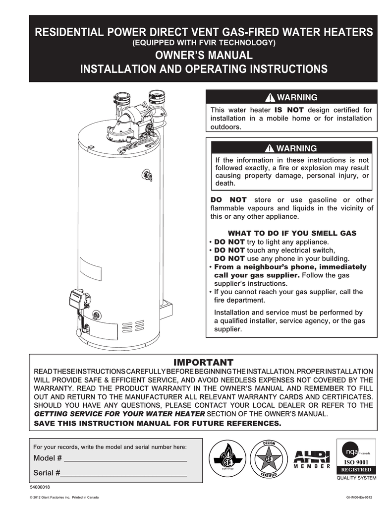Giant Factories Water Heater Owner's Manual | Manualzz