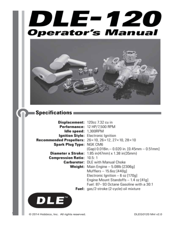 DLE Engines DLEG0120 DLE-120 120cc Twin Gas Engine Owner's Manual ...