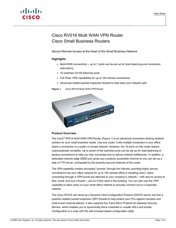 RV016 Multi WAN VPN Router Data Sheet | Manualzz