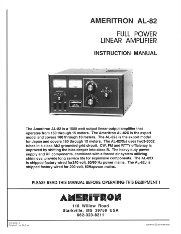 Ameritron AL-82 AMPLIFIER, TWO 3-500Z Product Manual | Manualzz