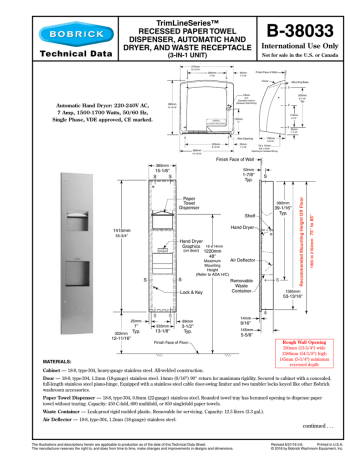 Bobrick B-38033 Recessed Paper Towel Dispenser/Automatic Hand Dryer/Waste Receptacle Technical ...