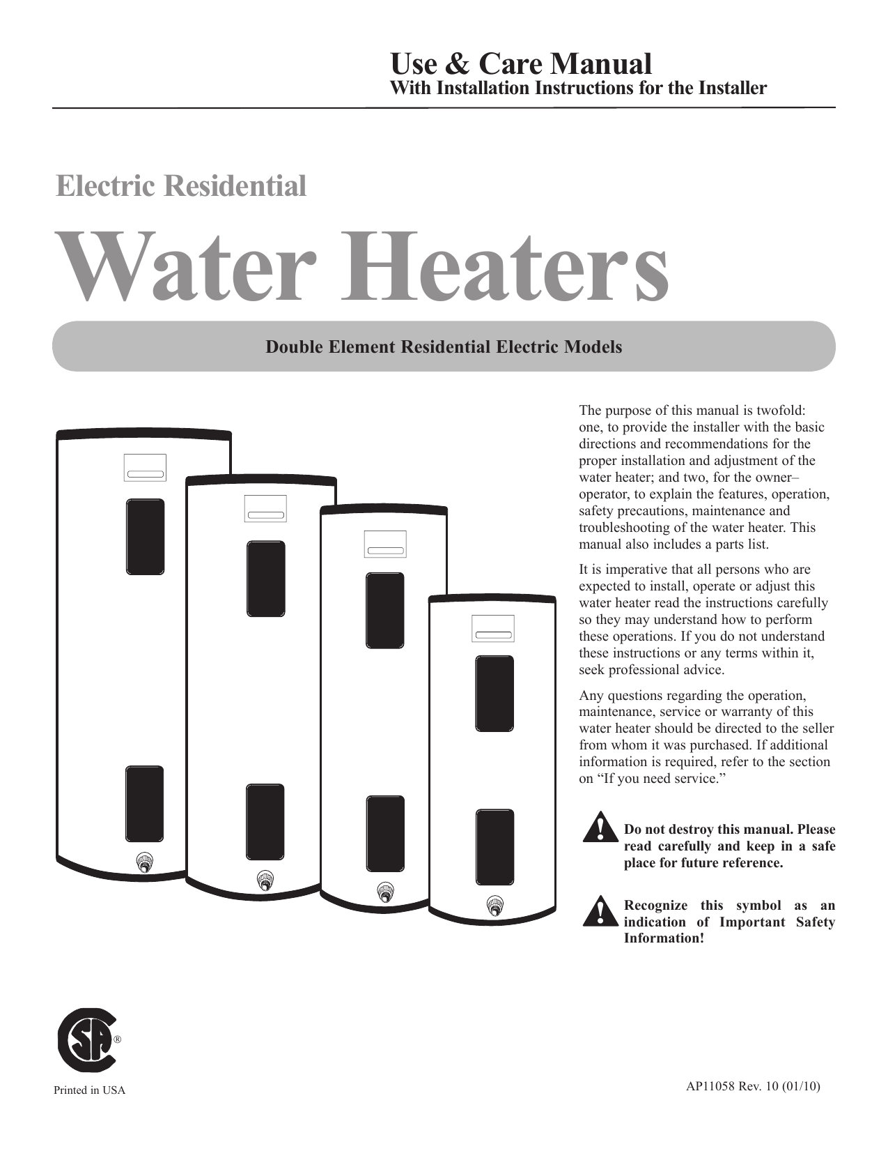 Rheem PROE47 S2 RH95 Residential Electric Water Heater Use and Care ...