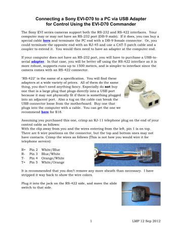 Sony EVI D70 User Guide: Connecting to PC via USB Adapter | Manualzz