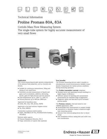ENDRESS+HAUSER Proline Promass 80A Technical information | Manualzz