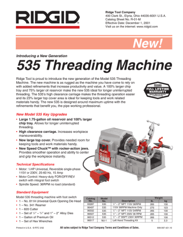 RIDGID 97897 *CVR* 535-T 3 SPEED 220V MACH Specification | Manualzz
