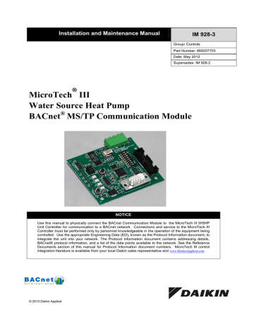 Daikin MicroTech III Water Source Heat Pump BACnet Communication Module ...