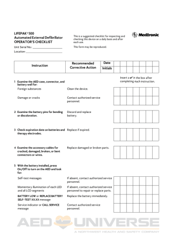 LIFEPAK® 500 Operator's Checklist | Manualzz