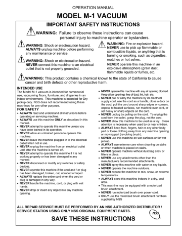 NSS Model M-1 Vacuum Operation Manual | Manualzz
