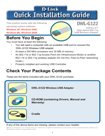 DWL-G122 Wireless USB Adapter Quick Installation Guide | Manualzz