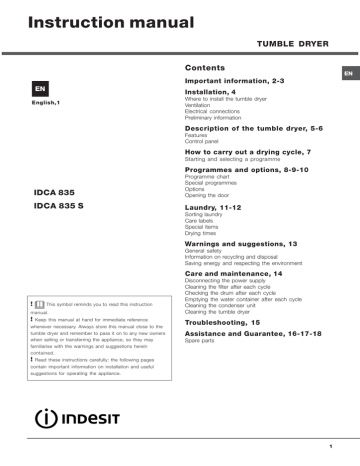 Indesit IDCA 835, IDCA 835 S Tumble Dryer Instruction Manual | Manualzz