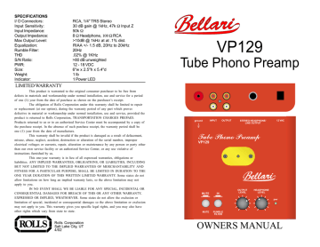 Bellari VP129 Tube Phono Preamp Owner's Manual | Manualzz