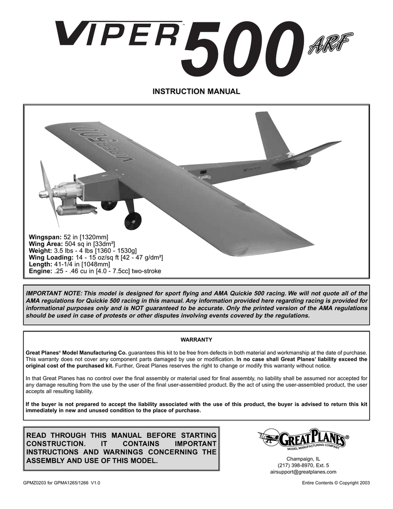 GREAT PLANES Viper 500 ARF Instruction manual | Manualzz