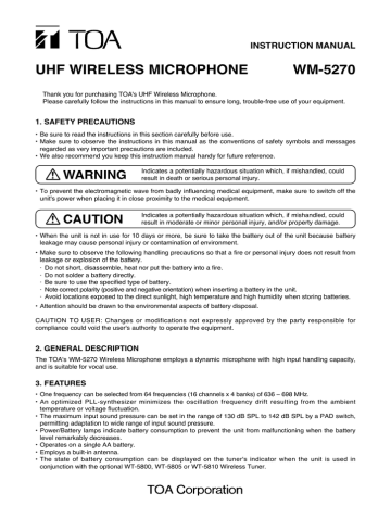 TOA WM-5270 Wireless Microphone Instruction Manual | Manualzz