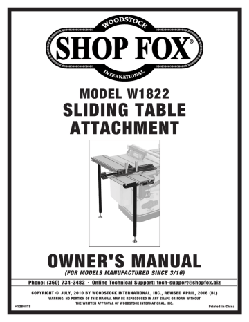Shop Fox Sliding Table W1822 Owner's Manual | Manualzz