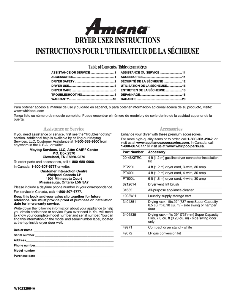 Amana Dryer Ned4600yq1 Manual